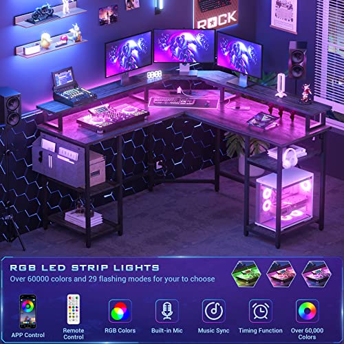 Aheaplus L Shaped Gaming Desk with Power Outlets & LED Lights, L- Shaped Desk Computer Corner Desk with Monitor Stand and Storage Shelf, Home Office Desk Writing Desk with Storage Bag, Grey Oak