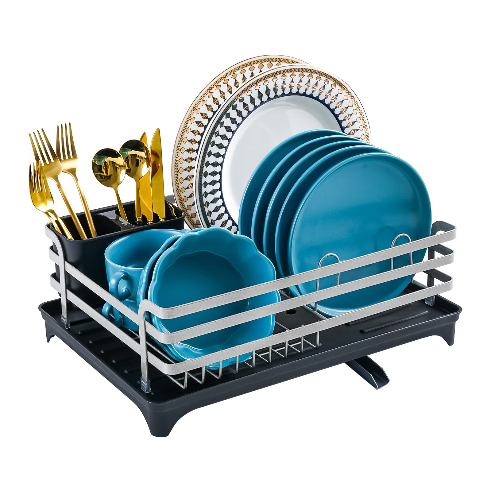 Zarnicy Dish Drying Rack with Drainboard - Dish Racks for Kitchen Counter - Rust Resistant Carbon Steel Dish Drainer with Adjustable Swivel Spout and Removable Cutlery Holder