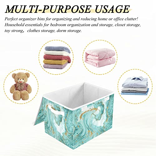 Blueangle Turquoise Marble Texture Storage Bins with Lids, 16.5 x 12.6 x 11.8 in, Large Collapsible Organizer Storage Basket for Home Office Décor(86)