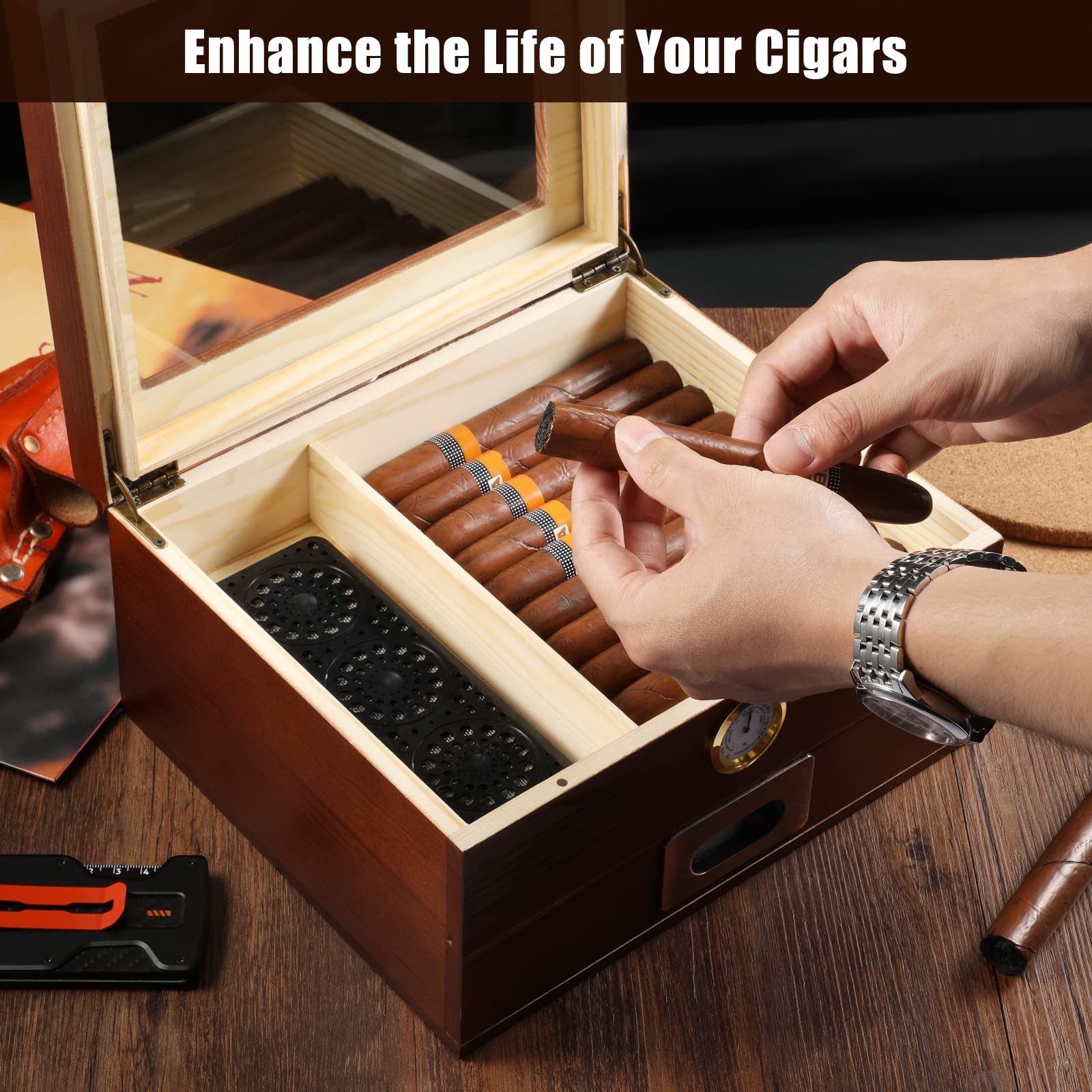 Glass Top Cedar Humidor with Front Hygrometer, Humidifier, Divider, and Accessory Drawer, Desktop Cedar Wood Cigar Box Holds 20-30 Cigars, Cigar Accessories for Men