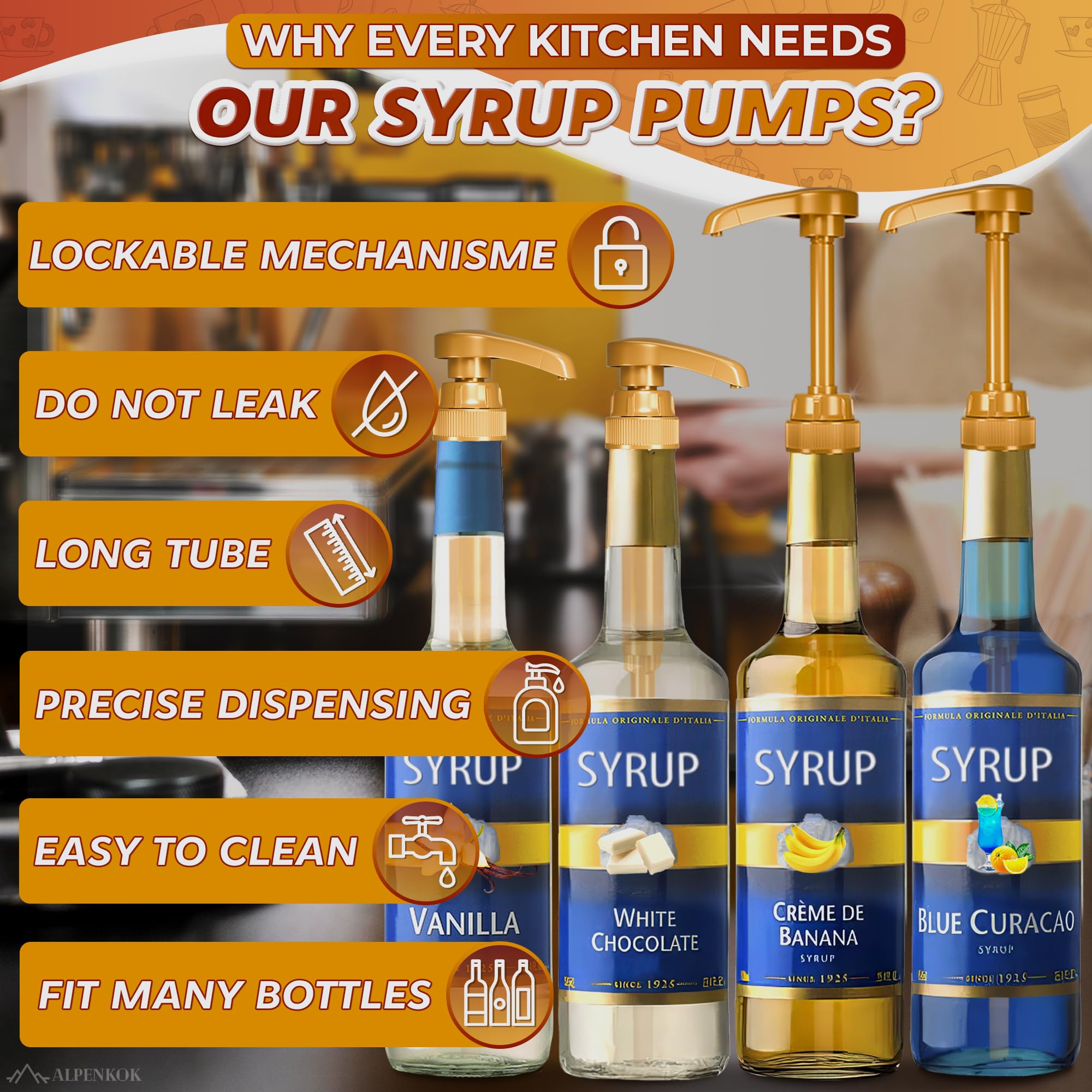 4Pcs Coffee Syrup Pump Dispenser Compatible with Torani Syrup Pump - Creamer Pump for Coffee Syrup Bottle (25.4 oz-750ml) - Davinci Syrup Pump Bottle Pump Dispenser Coffee Syrup Pumps ALPENKOK