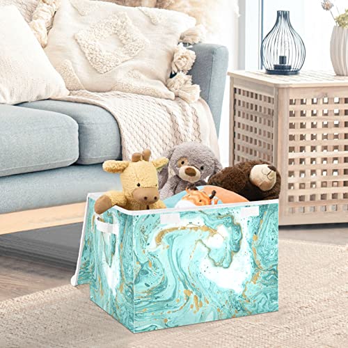 Blueangle Turquoise Marble Texture Storage Bins with Lids, 16.5 x 12.6 x 11.8 in, Large Collapsible Organizer Storage Basket for Home Office Décor(86)