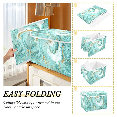 Blueangle Turquoise Marble Texture Storage Bins with Lids, 16.5 x 12.6 x 11.8 in, Large Collapsible Organizer Storage Basket for Home Office Décor(86)