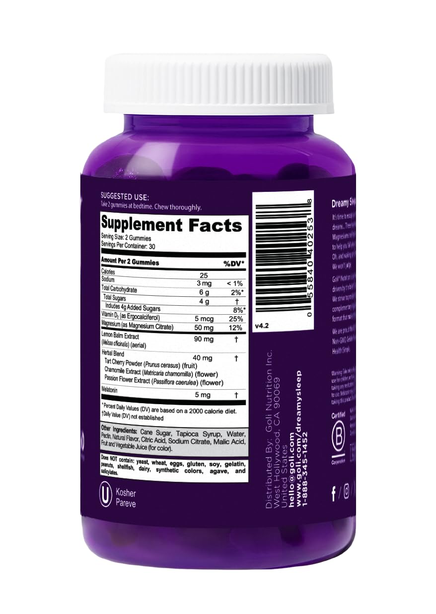 Goli Dreamy Sleep Gummy - 60 Count - Melatonin, Vitamin D, Magnesium, and Lemon Balm Extract - Gelatin-Free, Gluten-Free, Vegan & Non-GMO