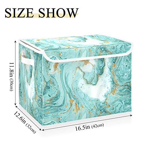Blueangle Turquoise Marble Texture Storage Bins with Lids, 16.5 x 12.6 x 11.8 in, Large Collapsible Organizer Storage Basket for Home Office Décor(86)