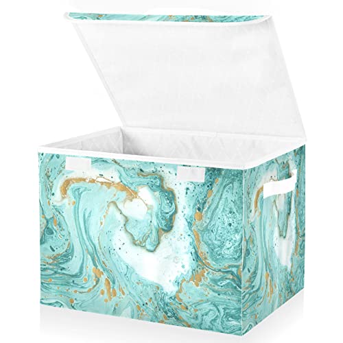 Blueangle Turquoise Marble Texture Storage Bins with Lids, 16.5 x 12.6 x 11.8 in, Large Collapsible Organizer Storage Basket for Home Office Décor(86)