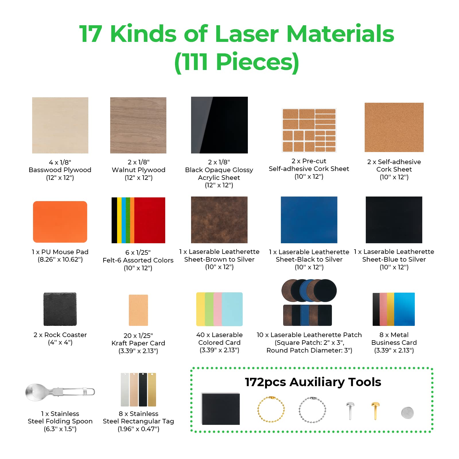 xTool Laser Material Explore Kit, 111 PCS Laser Engraving Blanks for Laser Engravers & Laser Cutters, Plywood, Acrylic, Leather, Metal, Felt, Paper for Laser Crafting, Customizing Gifts