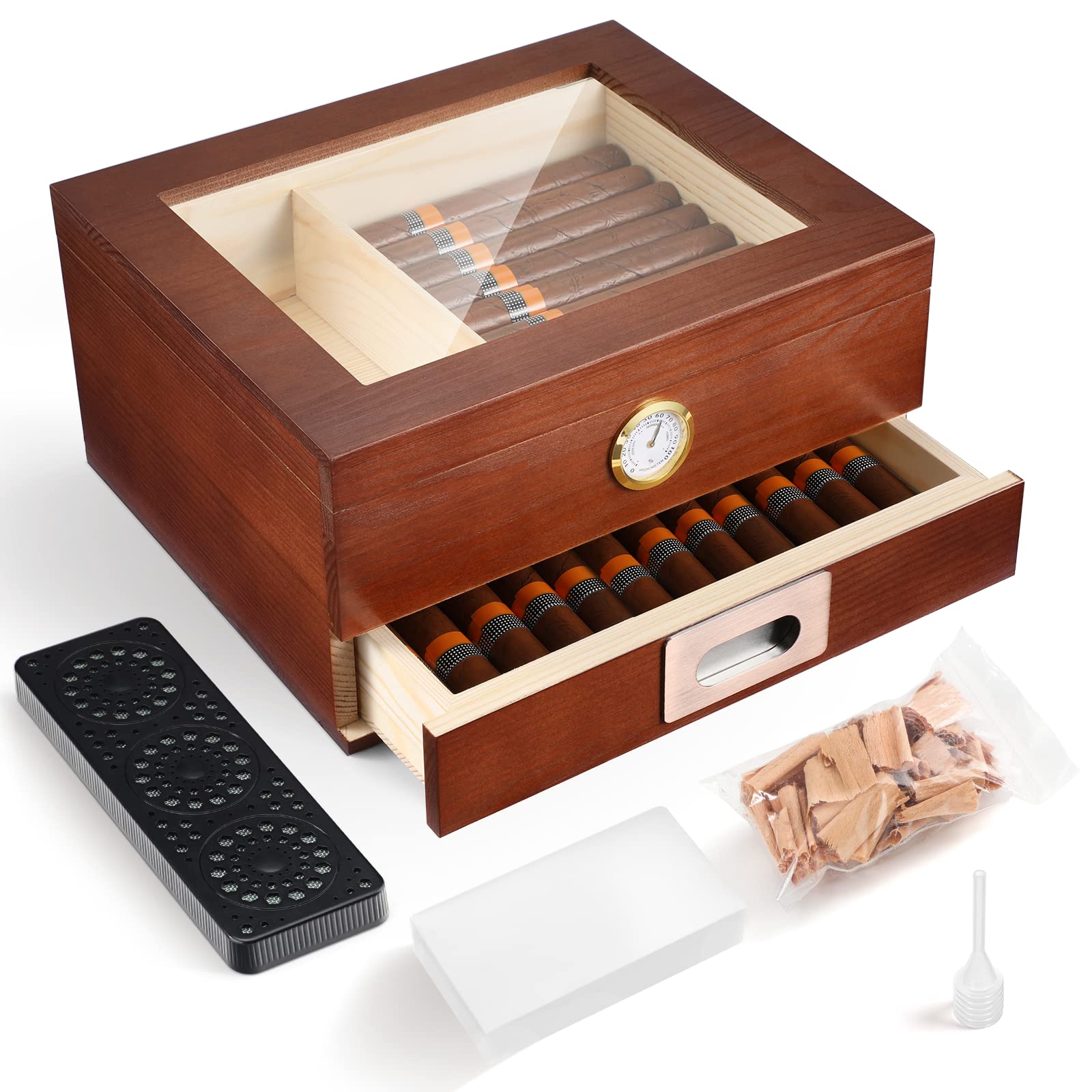 Glass Top Cedar Humidor with Front Hygrometer, Humidifier, Divider, and Accessory Drawer, Desktop Cedar Wood Cigar Box Holds 20-30 Cigars, Cigar Accessories for Men