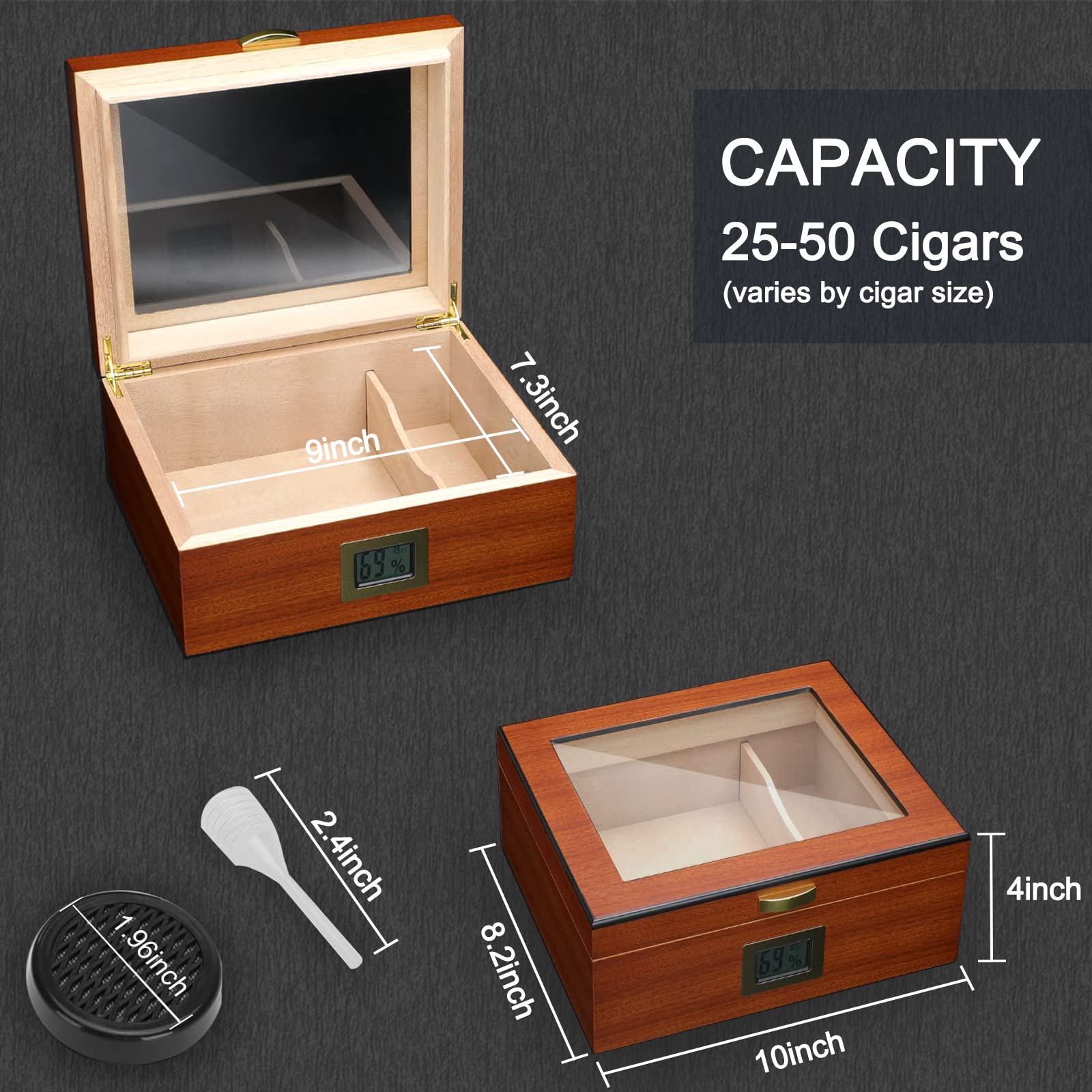 Bald Eagle Cedar Cigar Humidors with Digital Hygrometer, Handcrafted Cigar Box with Humidifier, Glass Top Humidor Box Luxury Cigar Case Sapele Cherry Finish Cigar Box (25-50 Cigars)