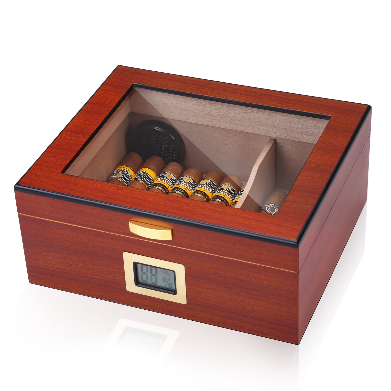 Bald Eagle Cedar Cigar Humidors with Digital Hygrometer, Handcrafted Cigar Box with Humidifier, Glass Top Humidor Box Luxury Cigar Case Sapele Cherry Finish Cigar Box (25-50 Cigars)