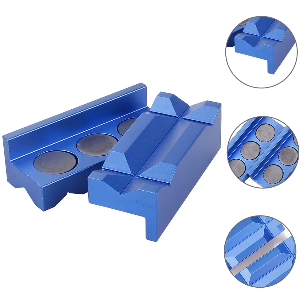 BARTOO Aluminum 4" Vise Jaws Pads, Magnetic Reversible Pipe Vise, AN Fitting Vice Jaw Covers, Professional Grade Multi-Purpose Vise Jaw Protective Inserts for Any Metal Bench Vice (4", Blue)
