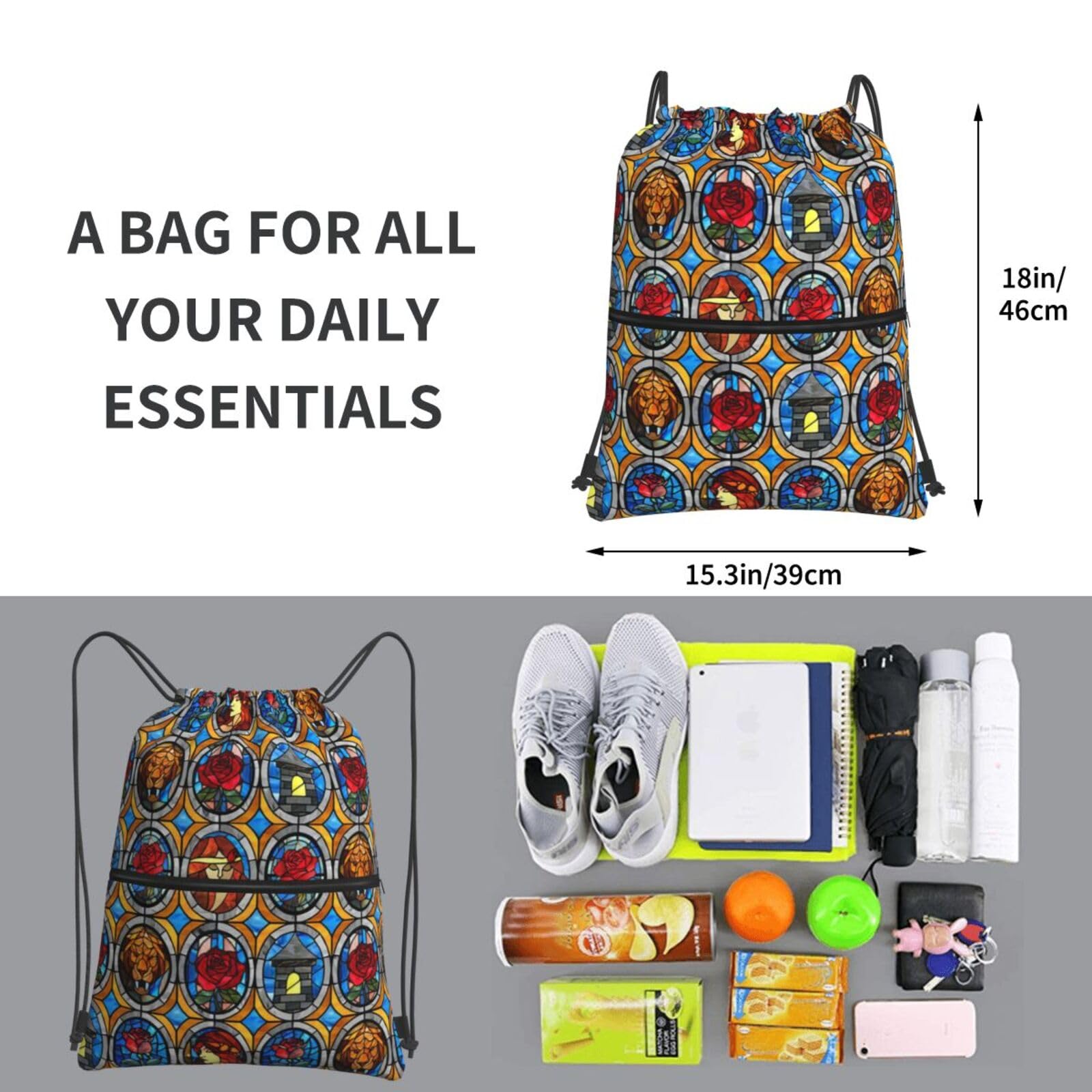 Gocerktr Beauty and Beast Fairytale Glass Waterproof Gym Drawstring Bag,Sports Backpack for Men Women