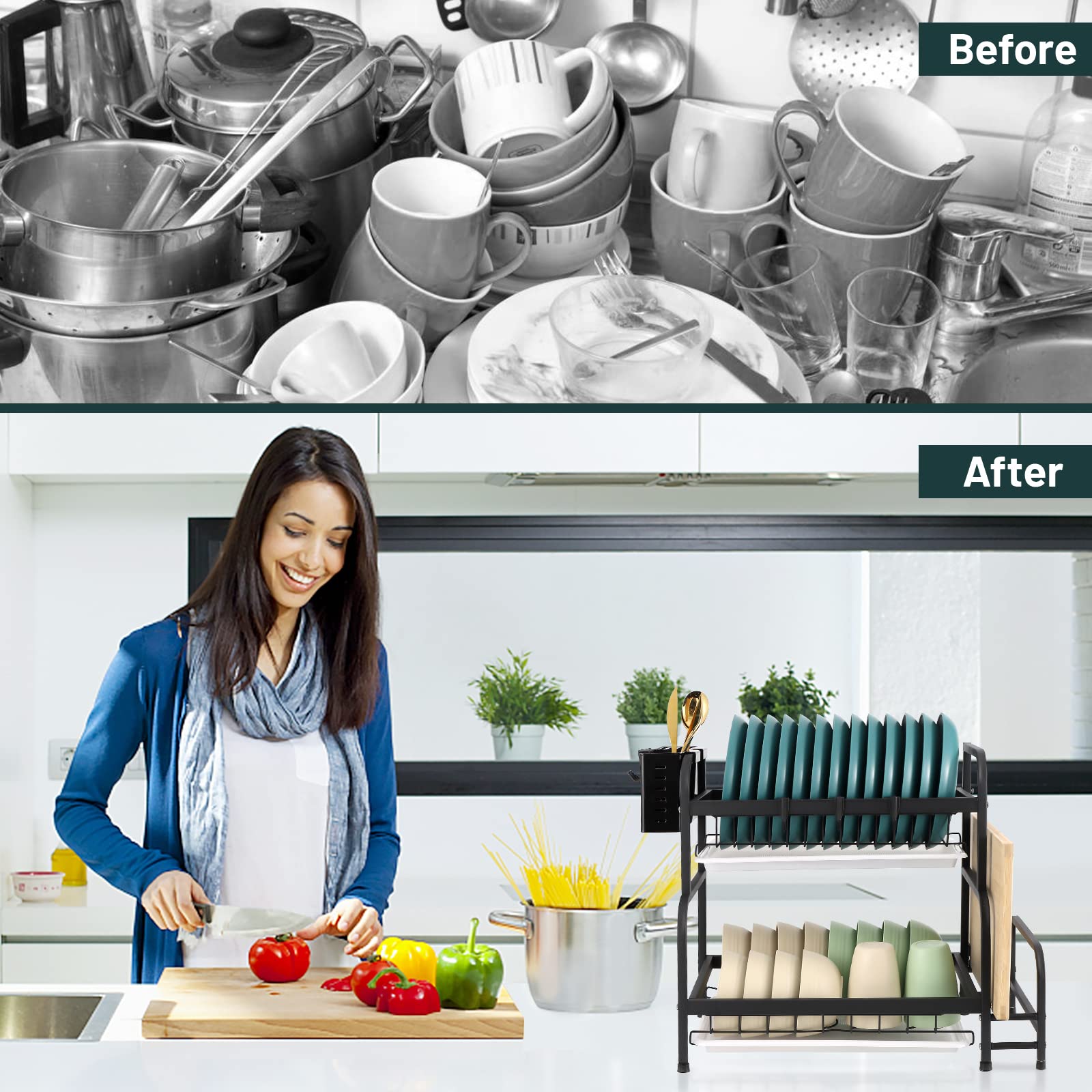 BSEKUJIN Dish Drying Rack,2Tier Dish Racks,Black Dish Drainer with Drainboards,Utensils Holder,Cutting Board Holder for Kitchen Counter