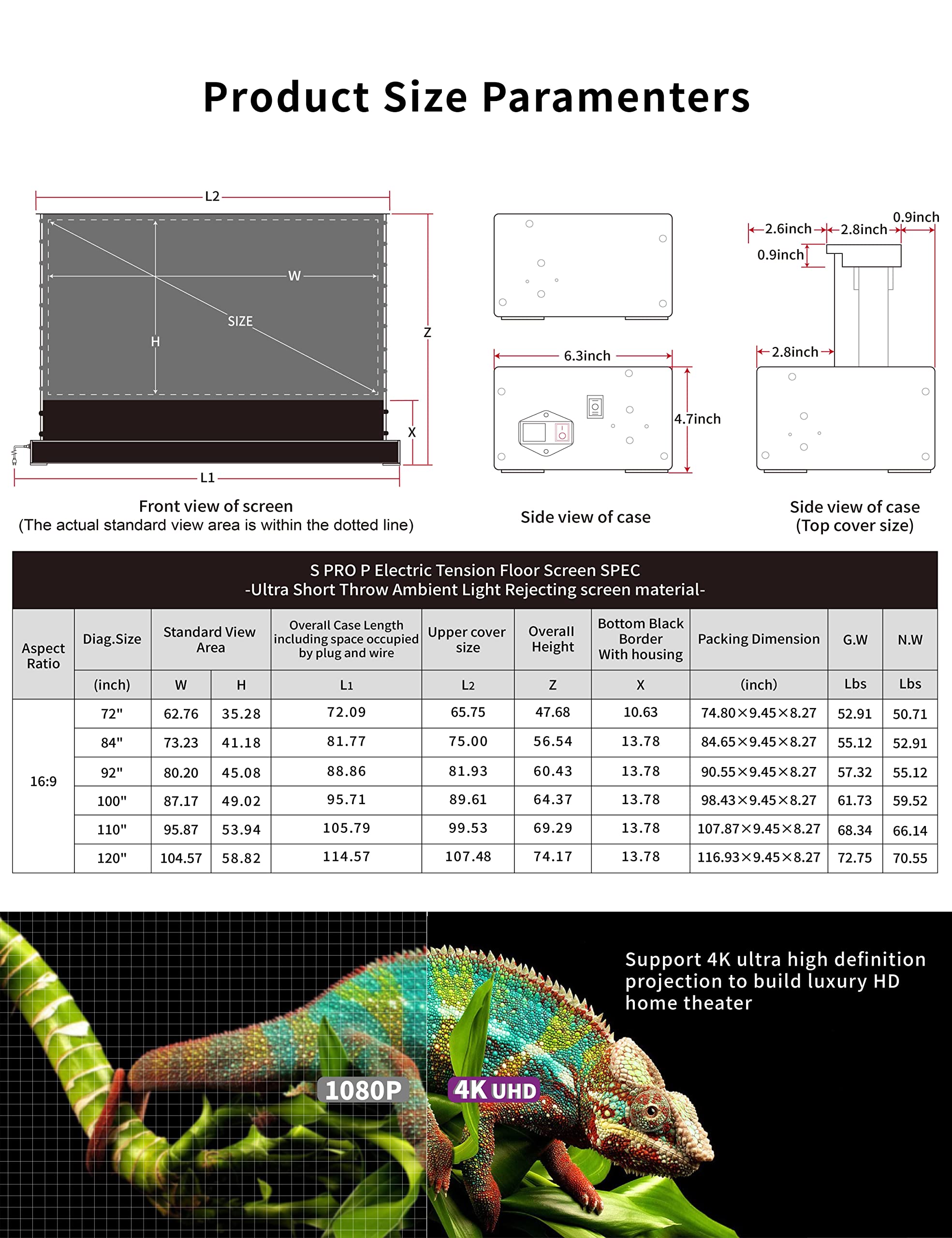 VIVIDSTORM-Projection Screen Stand S PRO P 92inch Portable Ambient Light Rejecting 4k Laser Projector Screen with Sound Transparent Perforated Compatible with UST Laser Projector,VBSDSTUST92HP
