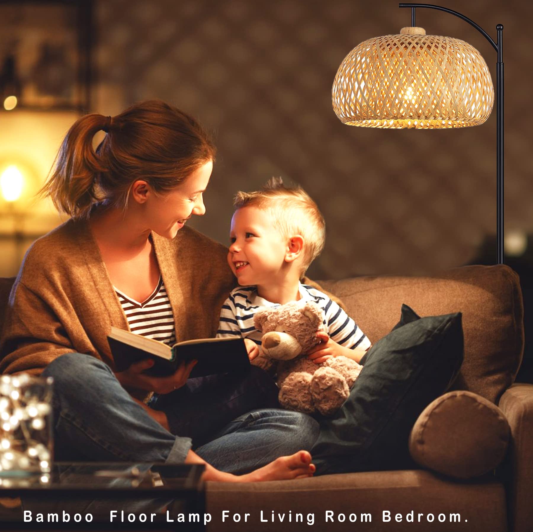 Bamboo Floor Lamp Rattan for Living Room,Bedroom,Farmhouse,Boho Standing Lamp with Control and Dimmable Bulb,Hand-Worked Woven Lamp Shades,Black Industrial Floor Light Adjustable Corner Tall Lamp