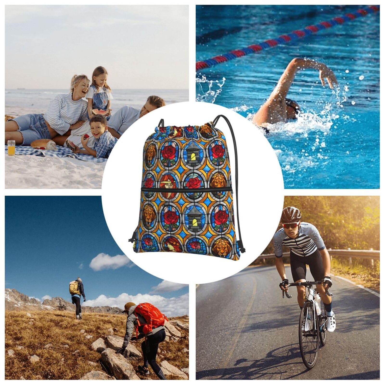 Gocerktr Beauty and Beast Fairytale Glass Waterproof Gym Drawstring Bag,Sports Backpack for Men Women