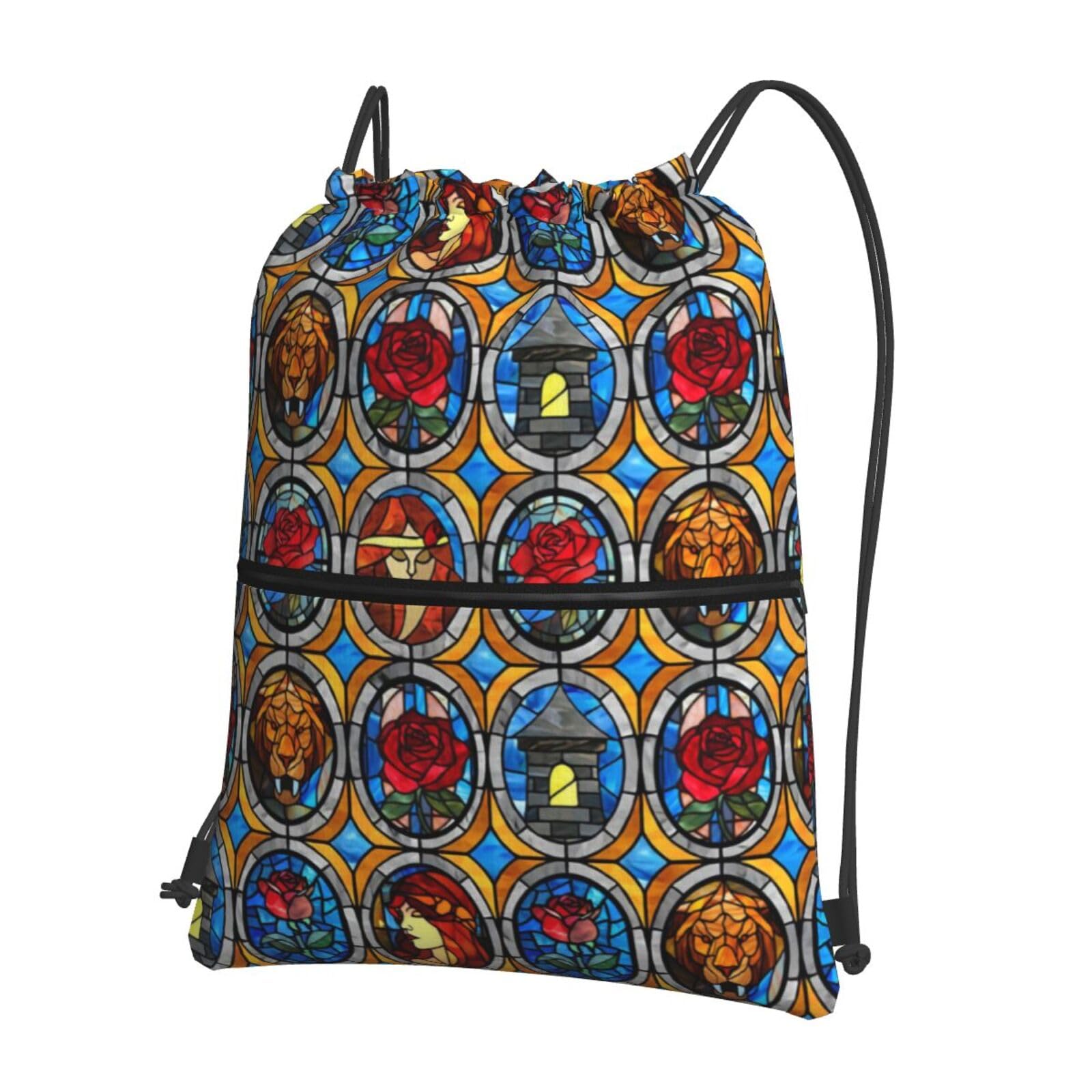 Gocerktr Beauty and Beast Fairytale Glass Waterproof Gym Drawstring Bag,Sports Backpack for Men Women