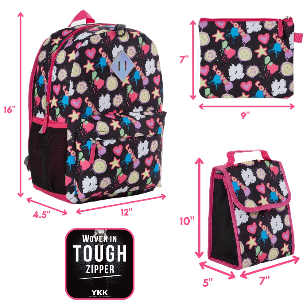 CLUB LIBBY LU Rainbow Backpack Set for Girls, 16 inch, 6 Pieces - Includes Foldable Lunch Bag, Water Bottle, Scrunchie, & Pencil Case