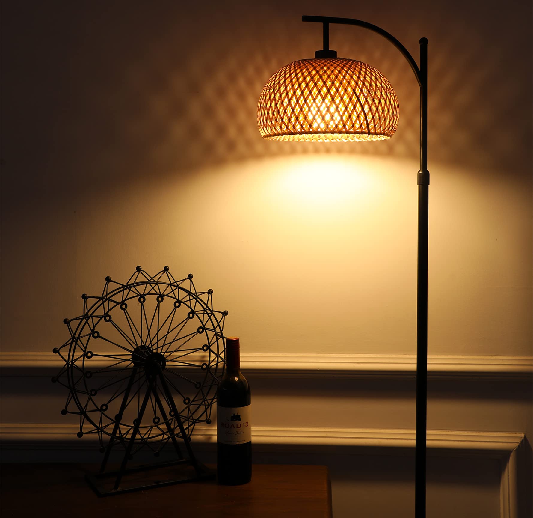 Bamboo Floor Lamp Rattan for Living Room,Bedroom,Farmhouse,Boho Standing Lamp with Control and Dimmable Bulb,Hand-Worked Woven Lamp Shades,Black Industrial Floor Light Adjustable Corner Tall Lamp