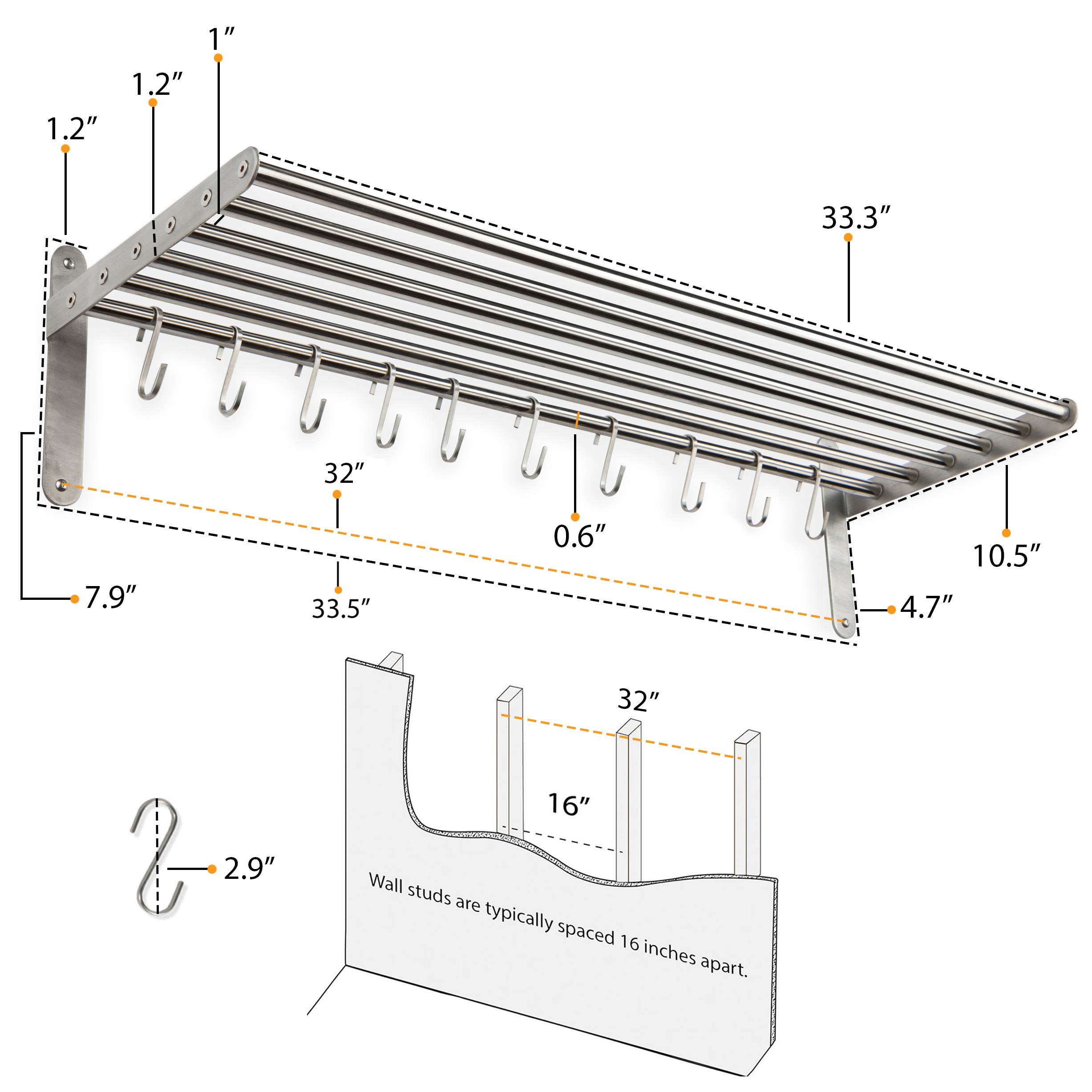 Wallniture Lyon Kitchen Organization and Storage Rack, Stainless Steel Metal Wall Shelf with 10 S Hooks for Hanging Pots and Pans, Chrome