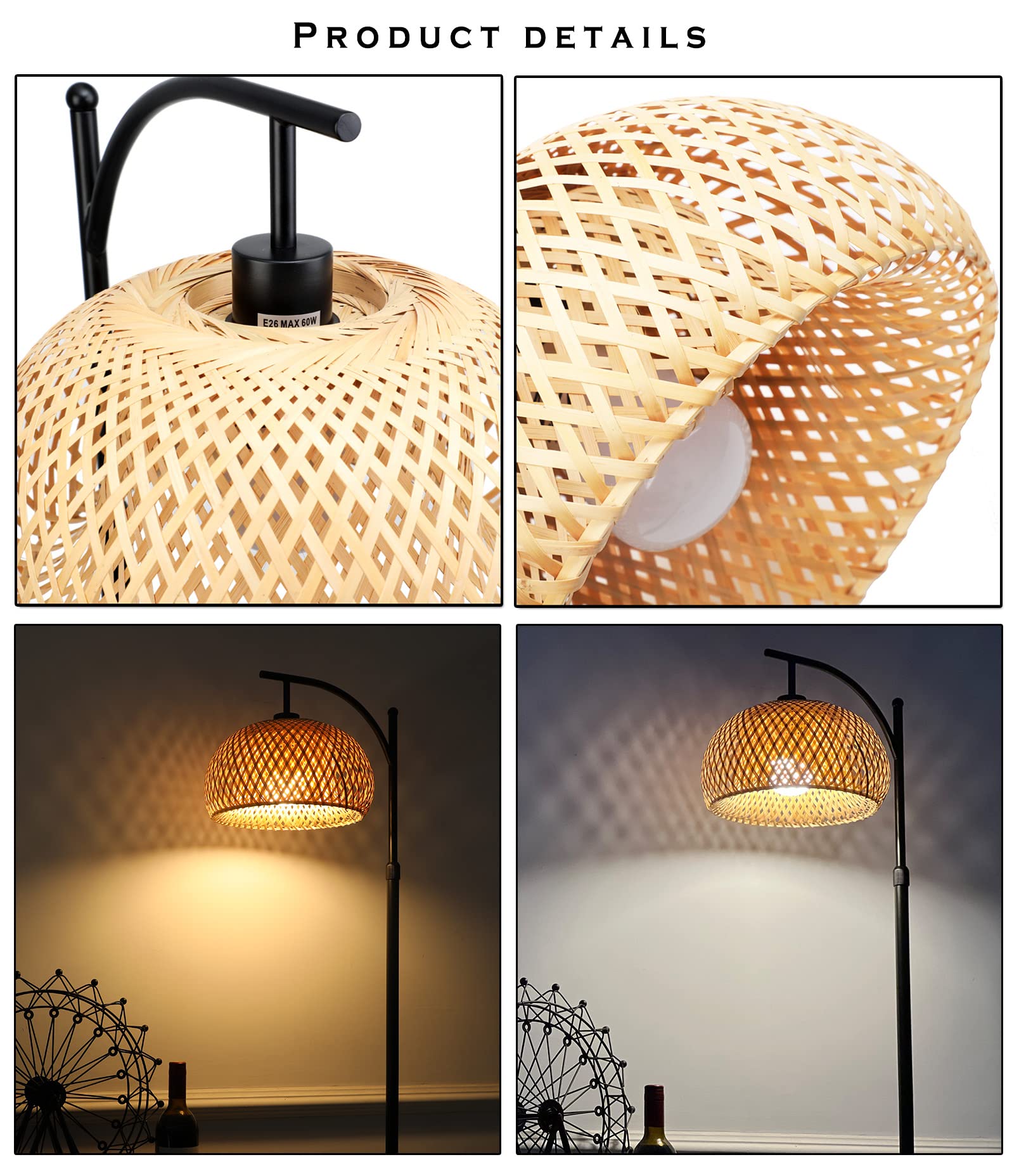 Bamboo Floor Lamp Rattan for Living Room,Bedroom,Farmhouse,Boho Standing Lamp with Control and Dimmable Bulb,Hand-Worked Woven Lamp Shades,Black Industrial Floor Light Adjustable Corner Tall Lamp