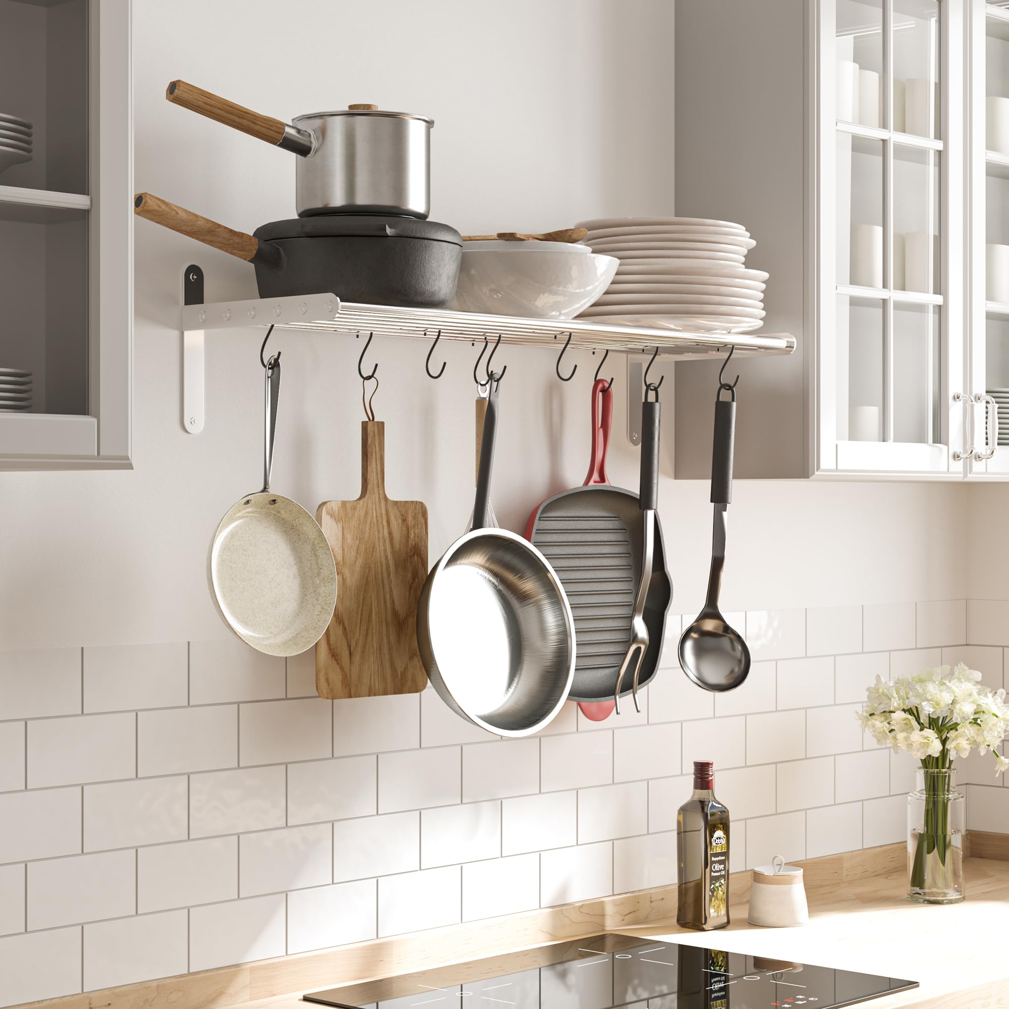 Wallniture Lyon Kitchen Organization and Storage Rack, Stainless Steel Metal Wall Shelf with 10 S Hooks for Hanging Pots and Pans, Chrome
