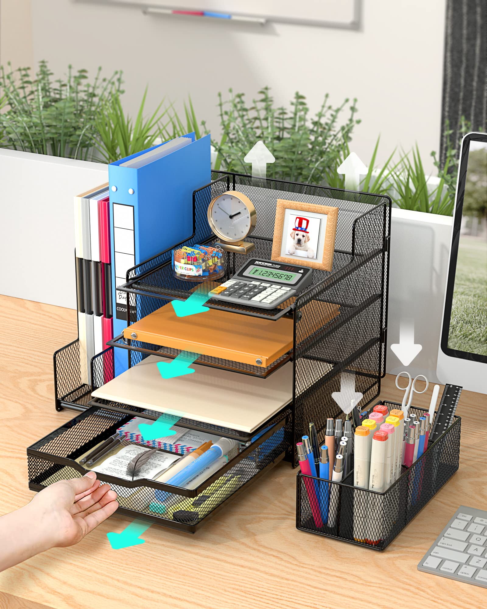 VIVSOL Desk Organizer with Mesh File Holder, 4-Tier Office Supplies Desk Organizers and Accessories with Sliding Drawers, 3 Trays & Pen Holder, Desk File Organizer and Storage for Office, School, Home