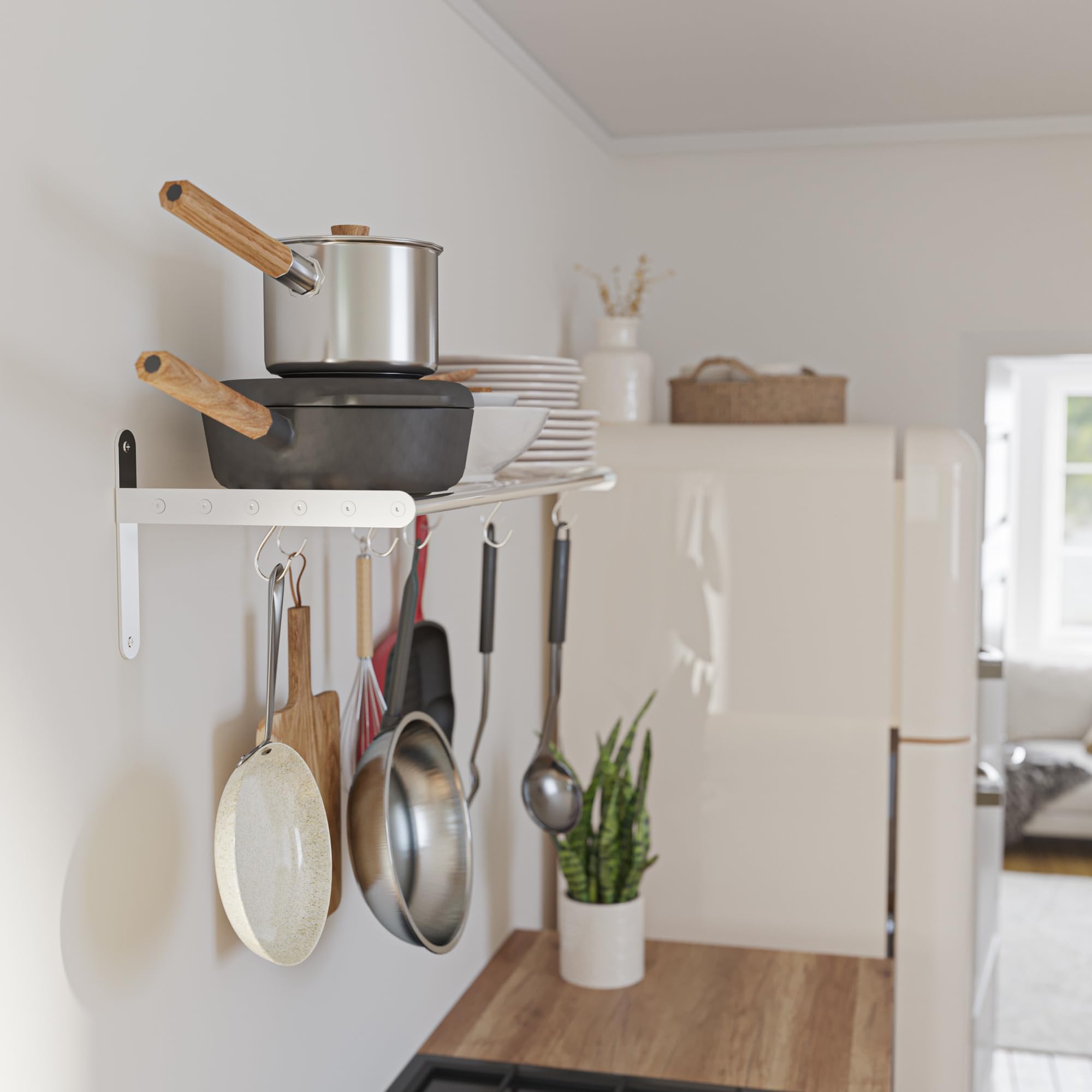 Wallniture Lyon Kitchen Organization and Storage Rack, Stainless Steel Metal Wall Shelf with 10 S Hooks for Hanging Pots and Pans, Chrome