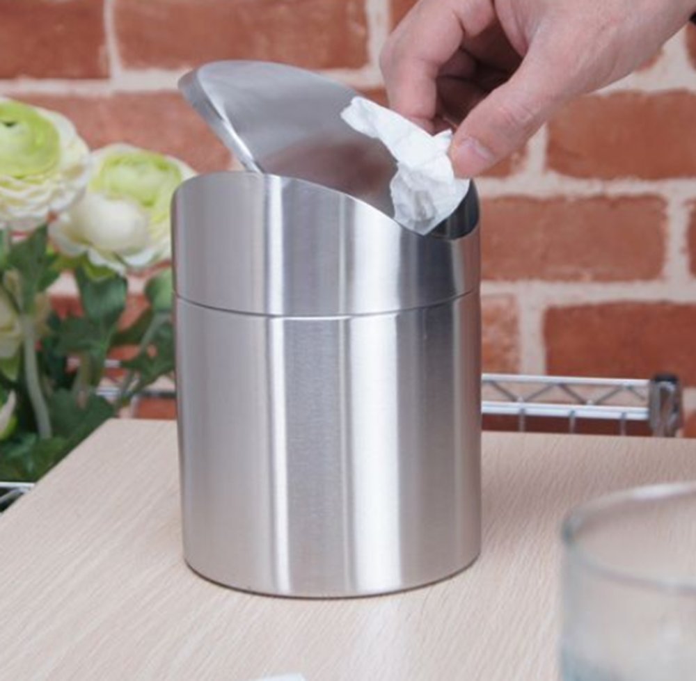 Haoun Mini Dustbin, Recycling Countertop Trash Can Brushed Stainless Steel Table Desk Swing Lid Garbage Bin Wastebasket