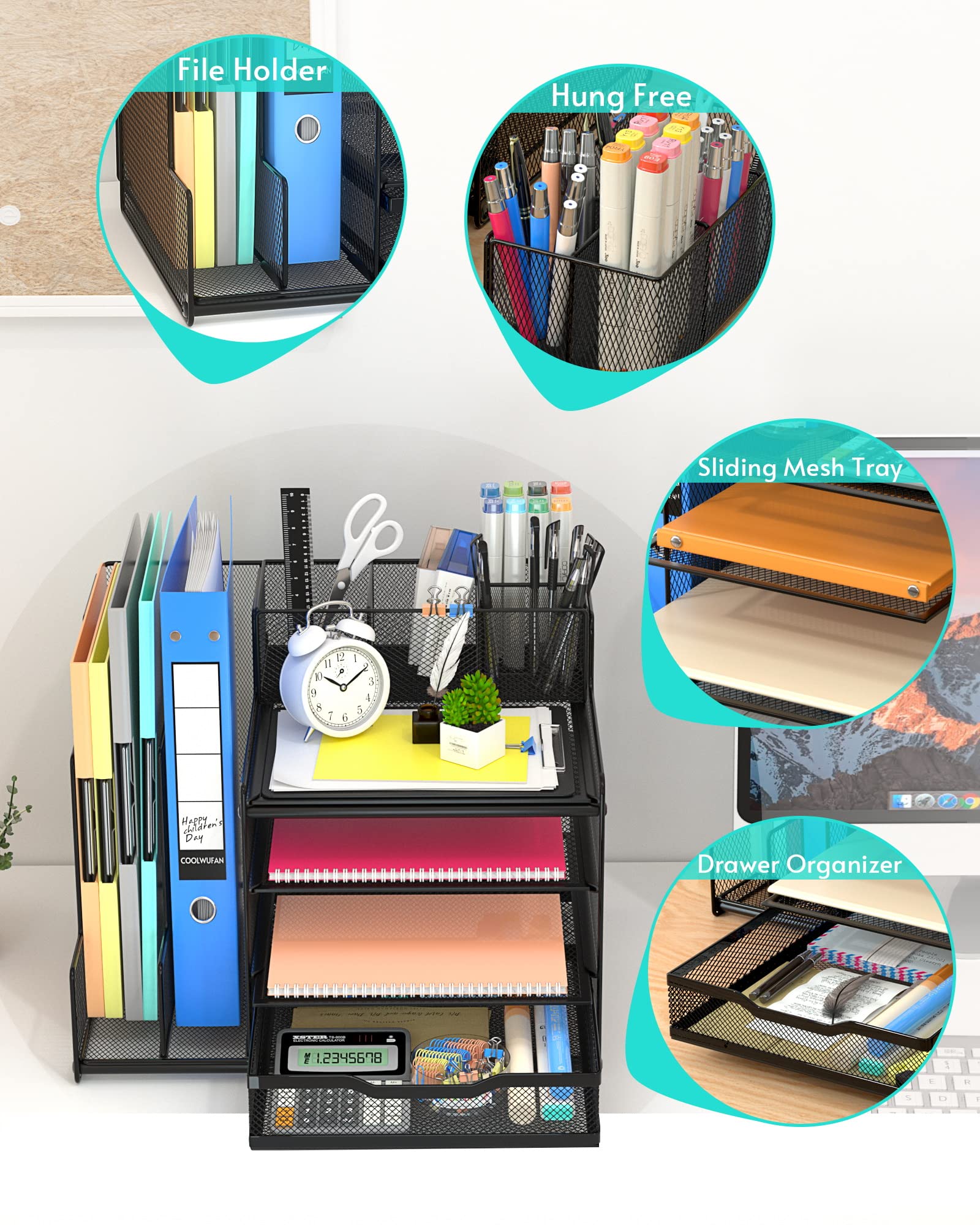 VIVSOL Desk Organizer with Mesh File Holder, 4-Tier Office Supplies Desk Organizers and Accessories with Sliding Drawers, 3 Trays & Pen Holder, Desk File Organizer and Storage for Office, School, Home