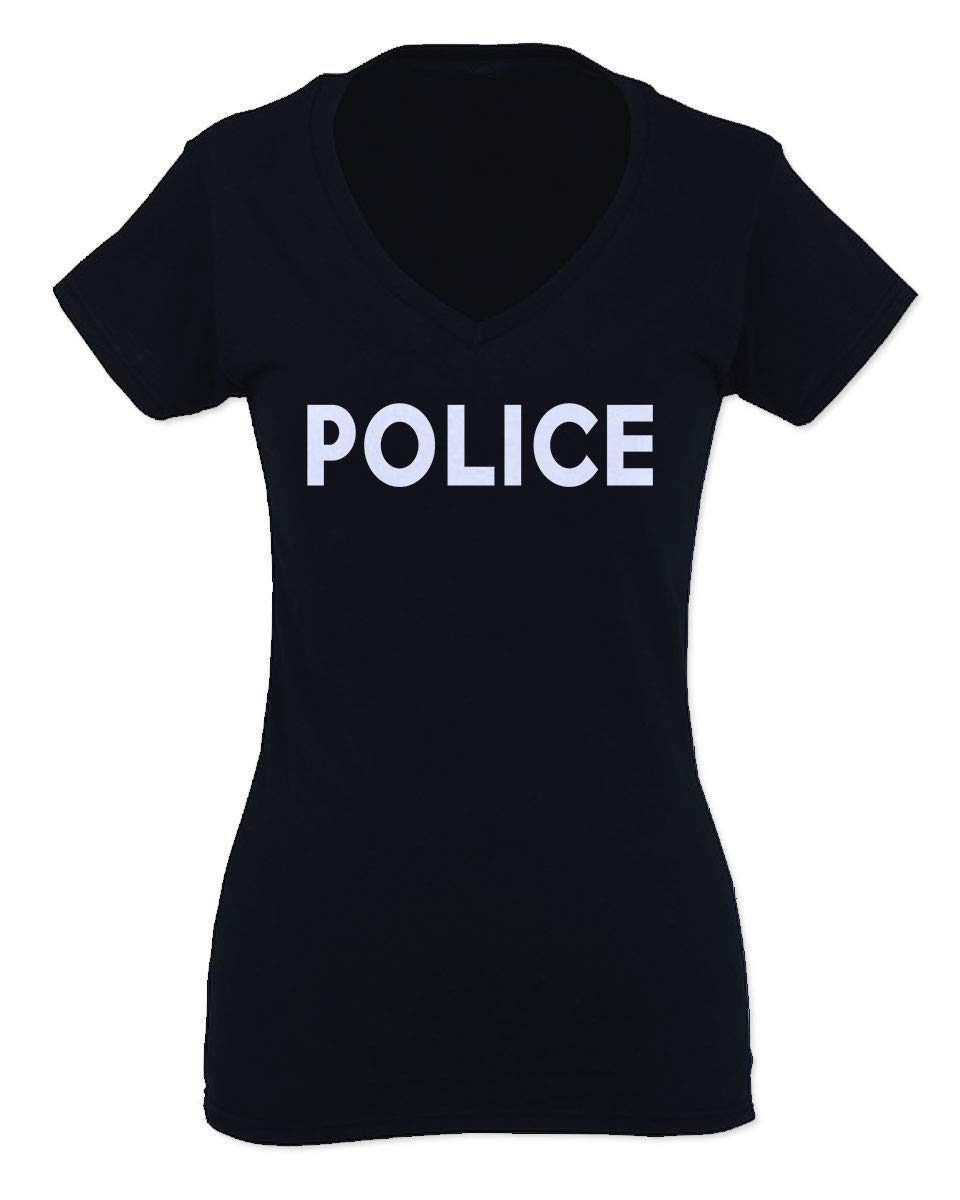VICES AND VIRTUES Police Officer Costume Support Blue Lives for Women V Neck Fitted T Shirt (Black, Small)