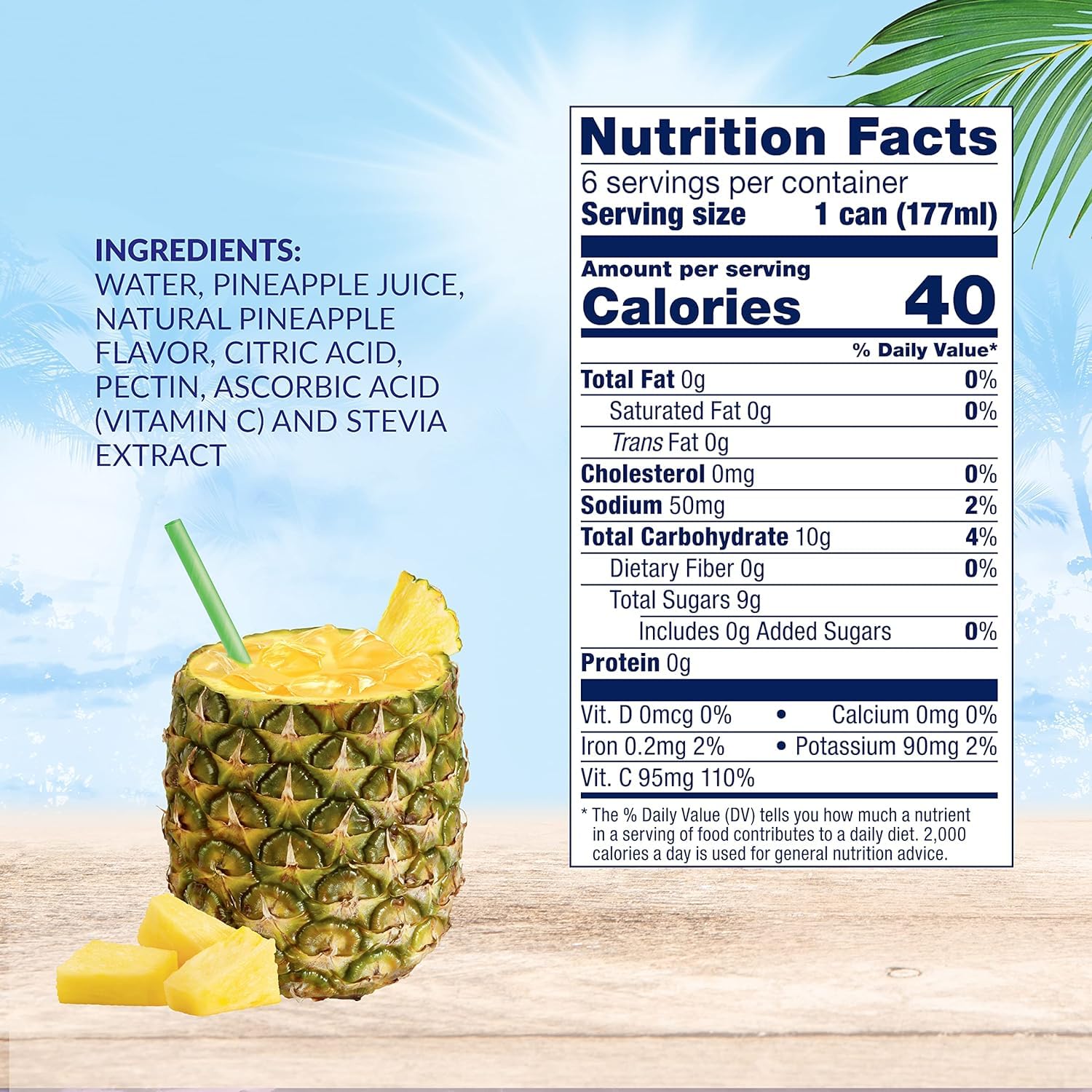 Dole Light Pineapple Juice Drink, No Added Sugar, 40 Calories Per Can, Excellent Source of Vitamin C, 100% Fruit Juice, 6 Fl Oz (Pack of 48)