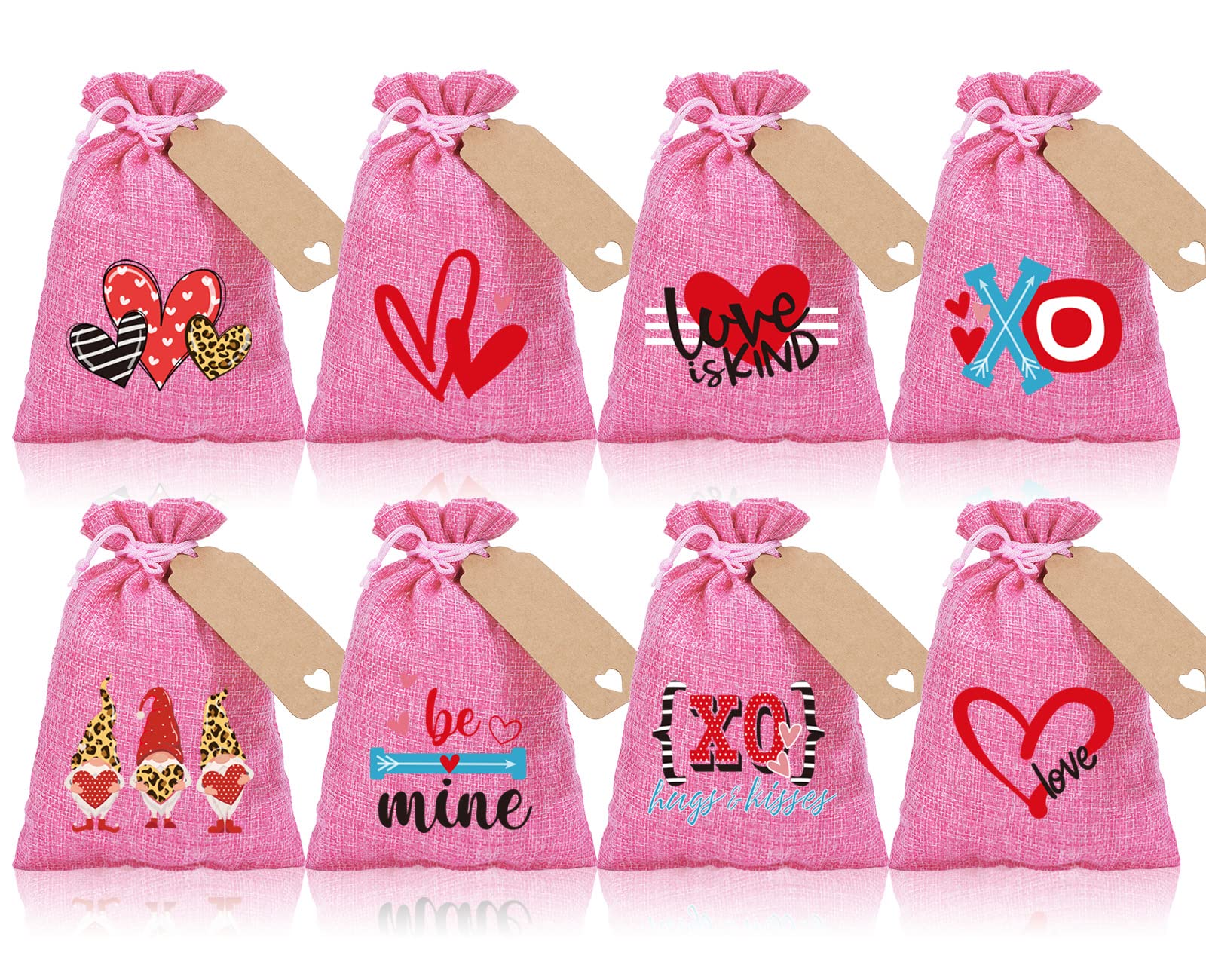Whaline 24 Pack Valentine's Day Burlap Bags Pink Drawstring Bags with Tags and Rope Heart Gnome Love XOXO Burlap Gift Bags for Valentine's Day Party Favors Wedding Bridal Shower Supplies