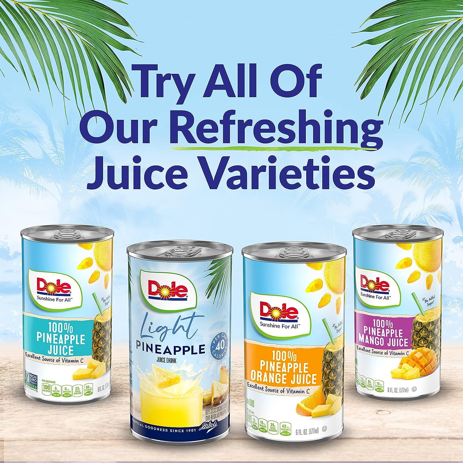 Dole Light Pineapple Juice Drink, No Added Sugar, 40 Calories Per Can, Excellent Source of Vitamin C, 100% Fruit Juice, 6 Fl Oz (Pack of 48)