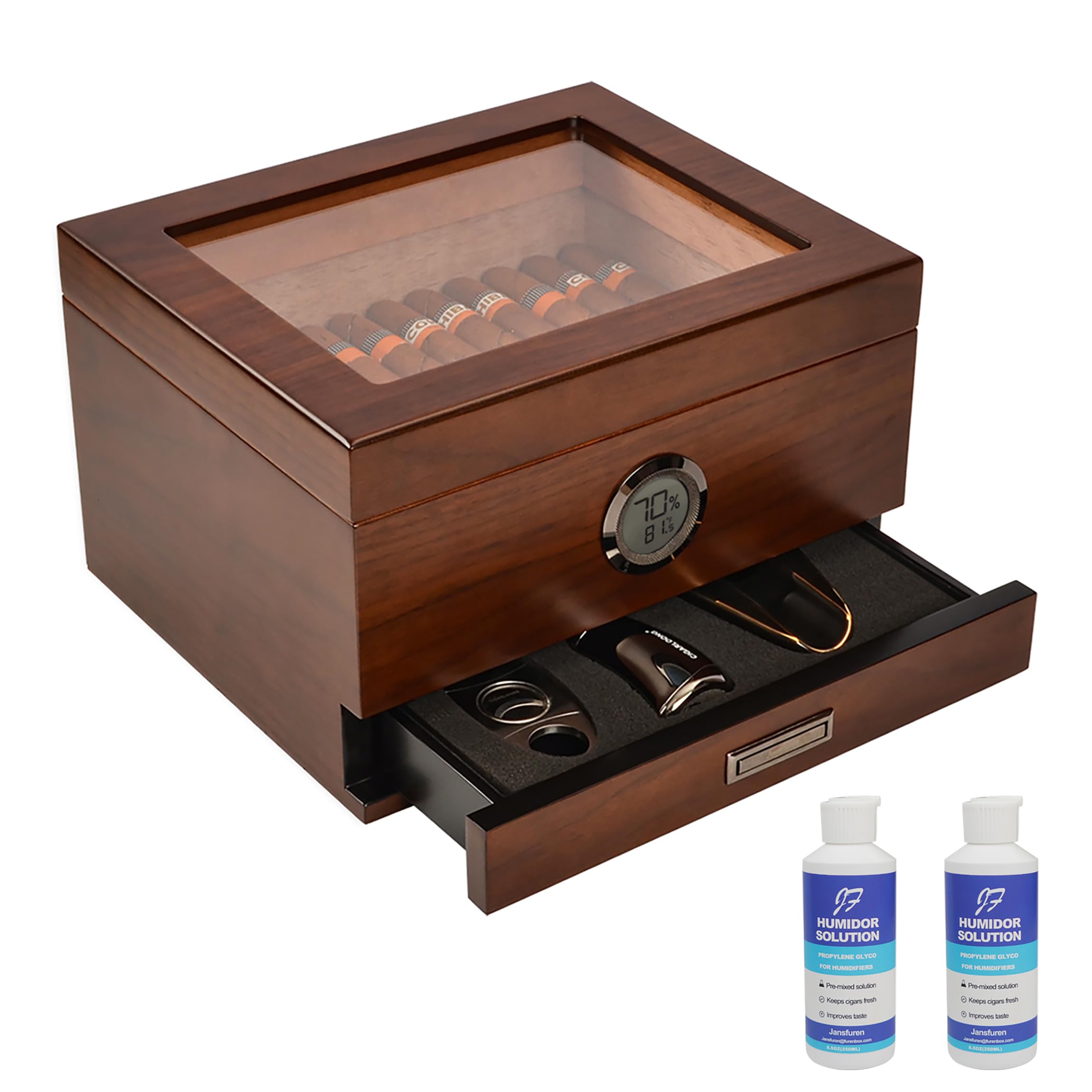 Cigar Humidors, Handcrafted Spanish Cedar Glass Top Humidor, Cigar Desktop Box Accurate Digital Hygrometer with 2 Humidor Solution(25-55 Cigars) by Jansfuren