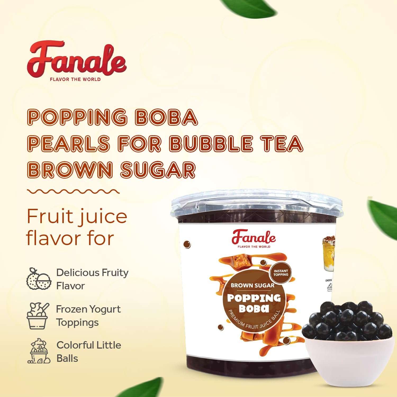 Fanale Brown Sugar Popping Boba Pearls, Vegan, Non GMO, Gluten Free, Fat Free, Perfect for Bubble Tea, Smoothies, Ice Cream, Desserts, and Beverages.