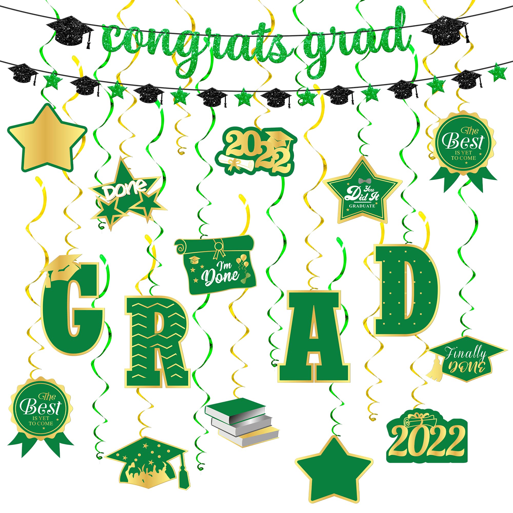 46 Pieces, XtraLarge Graduation Hanging Decorations - No DIY, Green Graduation Swirls | Glitter Congrats Grad Banner - 10 Feet | Green and Gold Graduation Decorations 2022 | Congratulations Banner