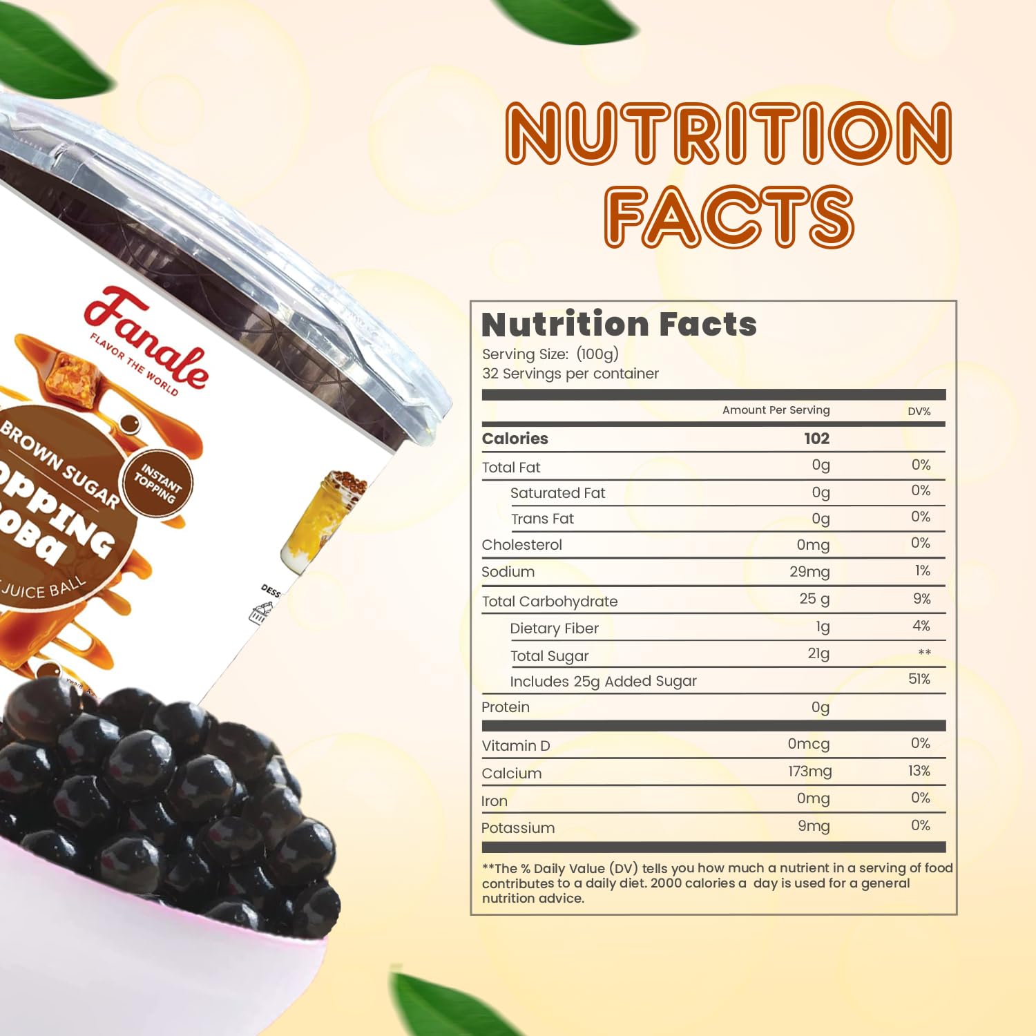 Fanale Brown Sugar Popping Boba Pearls, Vegan, Non GMO, Gluten Free, Fat Free, Perfect for Bubble Tea, Smoothies, Ice Cream, Desserts, and Beverages.