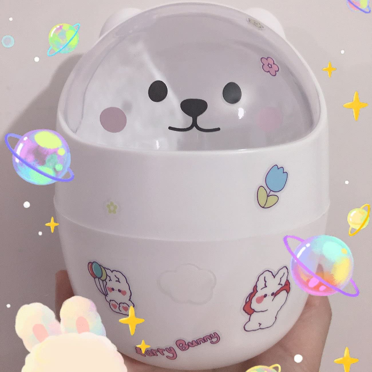 YoBuyBuy Desktop with Lid Trash Can Mini Kawaii Cute Bear Trash Bin Storage Box Girl Pen Holder Storage Bucket with Top, White