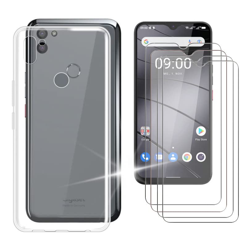 4 Pack Cover for Gigaset GS5 Pro (6.30") Case IJTYHF Soft Silicone Case Bumper Shell +Tempered Glass 9H Screen Protector Protective Film, Transparent Protective TPU Cases