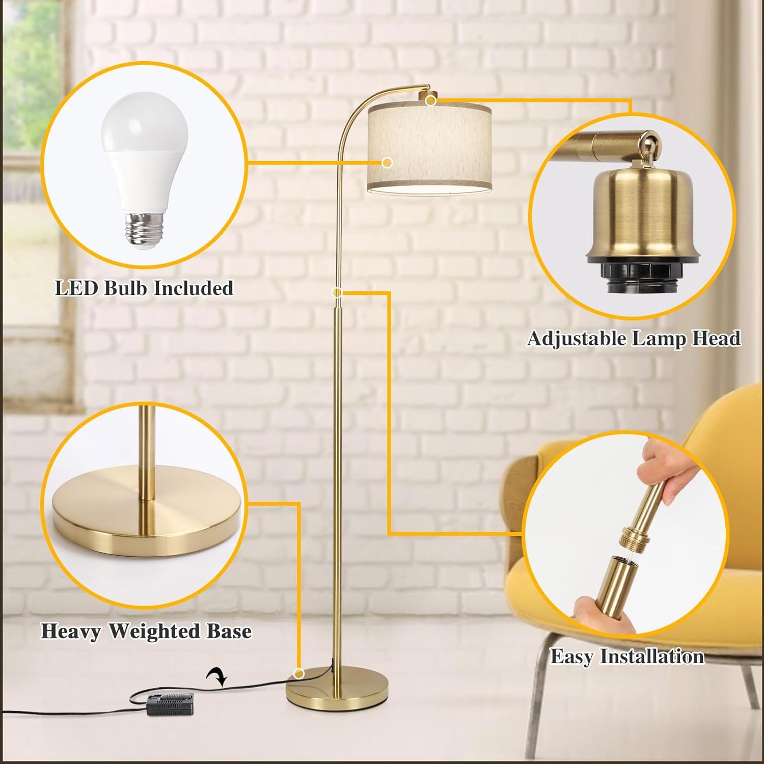 Boncoo LED Floor Lamp Fully Dimmable Modern Standing Lamp Arc Floor Lamp with Adjustable Drum Shade, Golden Tall Pole Reading Lamp Corner Light for Living Room Bedroom Study Room, 8W LED Bulb Included