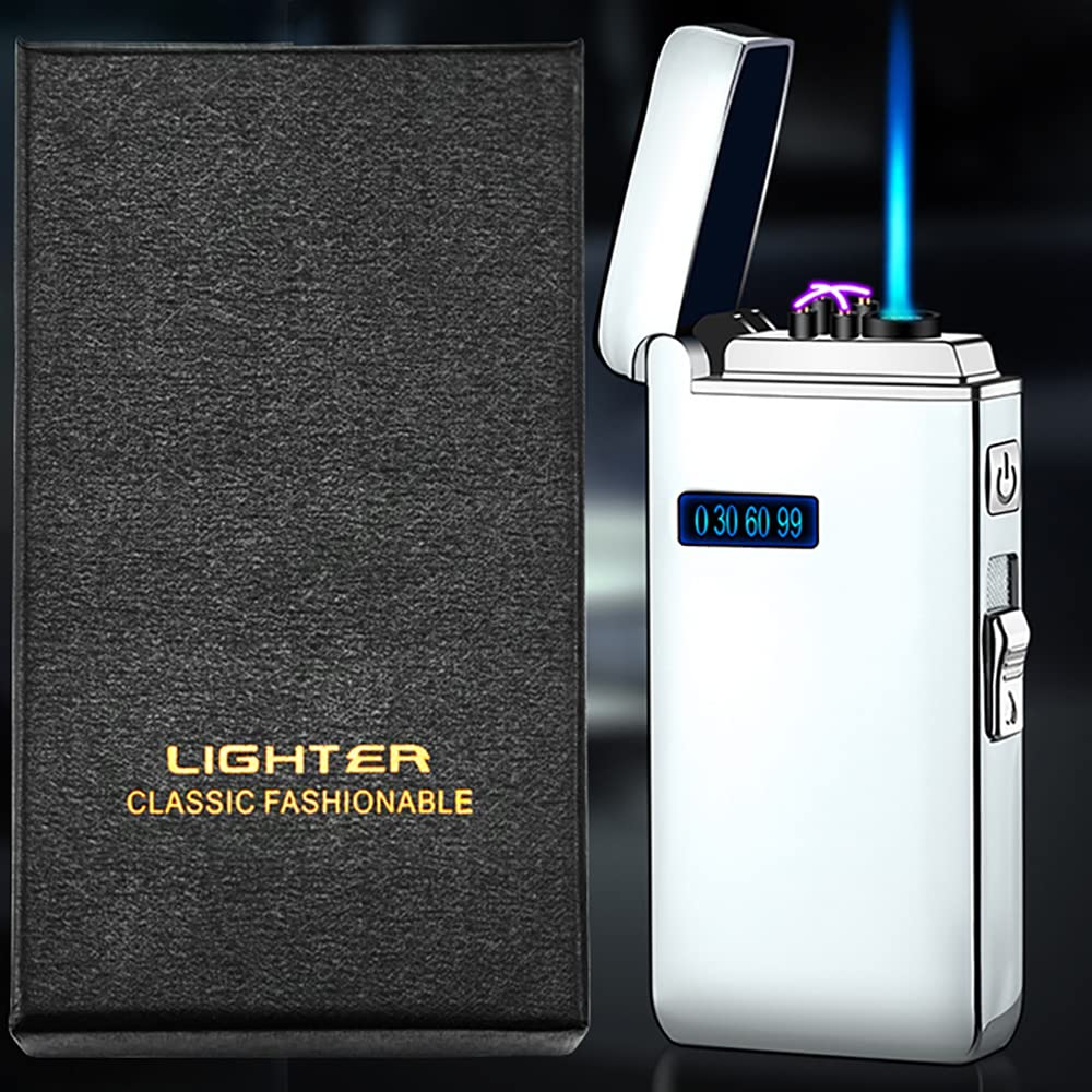 Electric Arc Lighter Jet Flame Torch Lighter Plasma Lighter 2 in1 USB Rechargeable Refillable Windproof Lighter for Candle Kitchen BBQ (Silver)