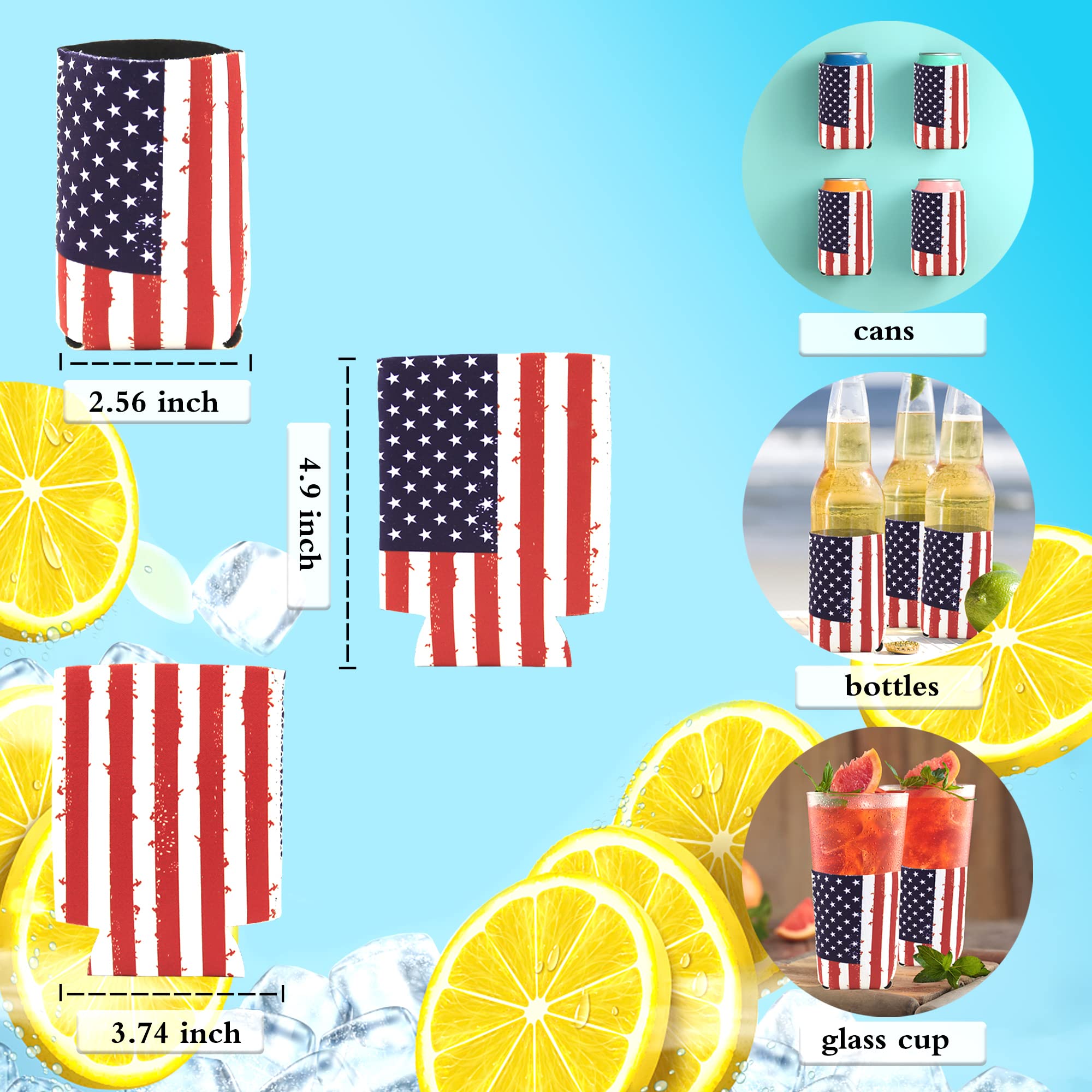 Can Cooler Sleeve 12pcs USA Flag Can Coolers Bulk Neoprene for Can and Bottle 120z