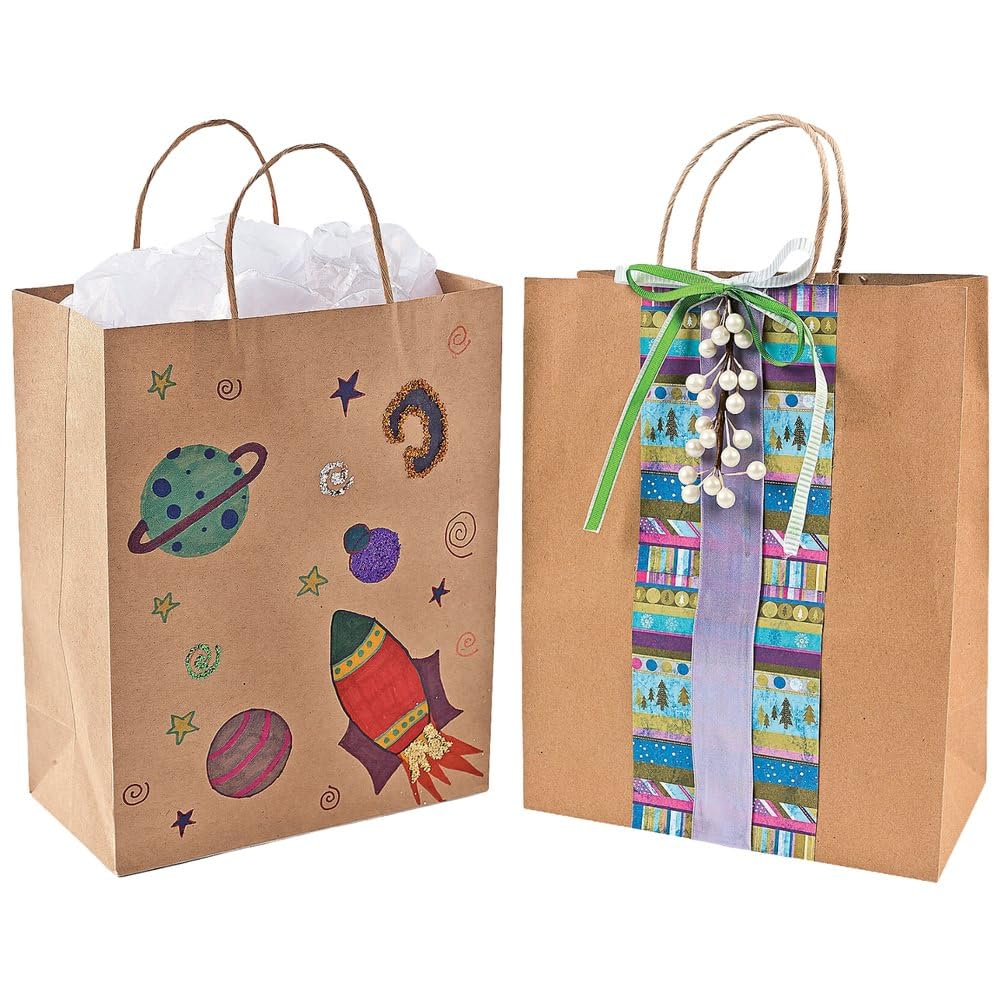 Fun Express Simple Brown Paper Gift 10.5" x 5.25" x 13" | Pack of 12 Bags, 10 1/2" x 5 1/4" x 13", 12 Pieces
