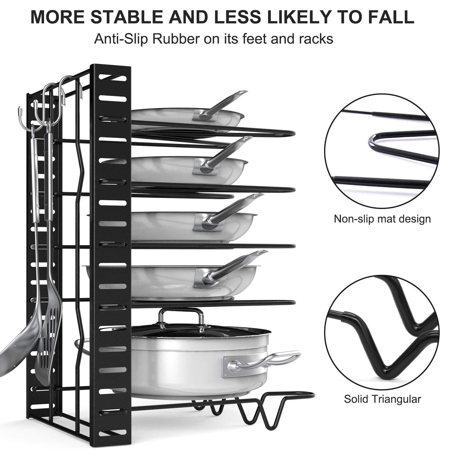 Devan Pots and Pans Organizer Adjustable 8+ Pots and Pans Oragnizer, Kitchen Counter and Cabinet Pot Lid Holder with 3 DIY Methods (6 Hooks Included)