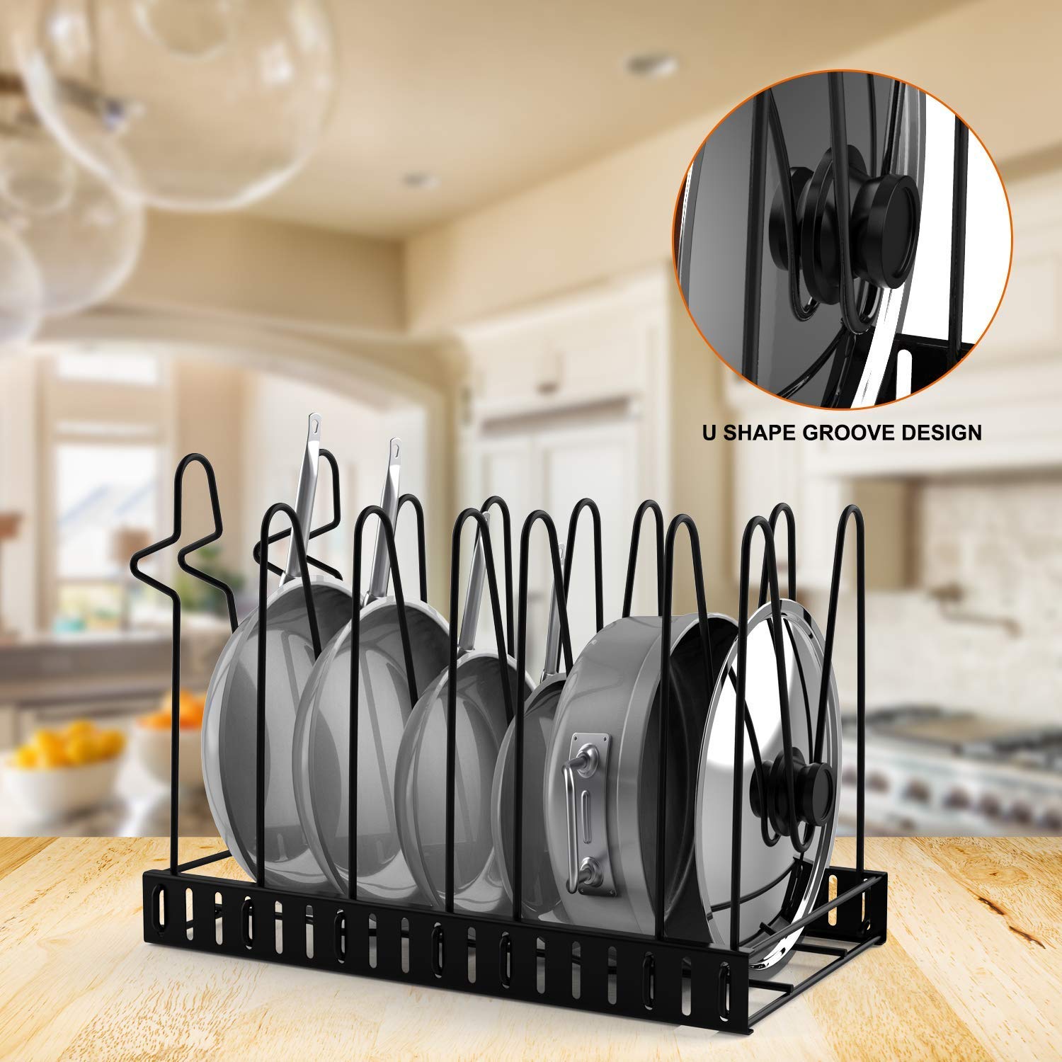 Devan Pots and Pans Organizer Adjustable 8+ Pots and Pans Oragnizer, Kitchen Counter and Cabinet Pot Lid Holder with 3 DIY Methods (6 Hooks Included)