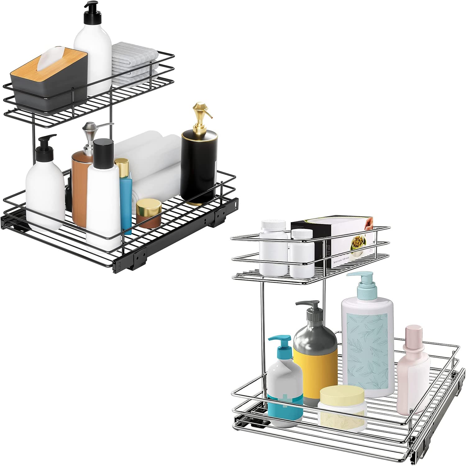 G-TING Pull Out Cabinet Organizer Black & Pull Out Cabinet Organizer Sliver, Under Sink Slide Out Storage Shelf with 2 Tier Sliding Wire Drawer - 12.6W x 16.53D x 12.99H