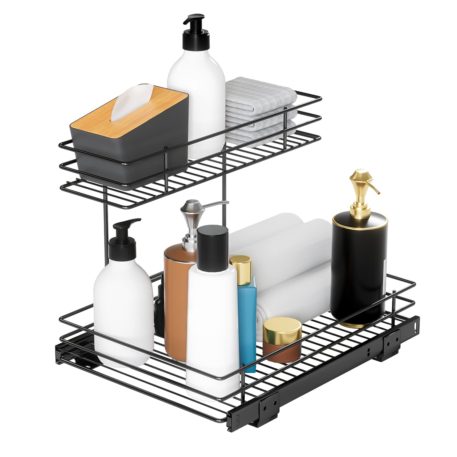 G-TING Pull Out Cabinet Organizer Black & Pull Out Cabinet Organizer Sliver, Under Sink Slide Out Storage Shelf with 2 Tier Sliding Wire Drawer - 12.6W x 16.53D x 12.99H