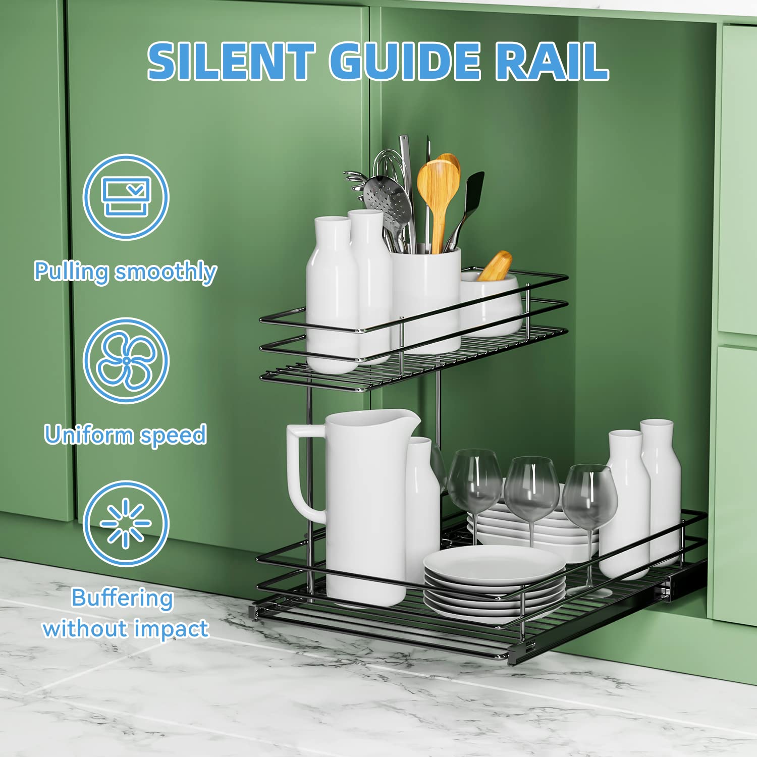 G-TING Pull Out Cabinet Organizer Black & Pull Out Cabinet Organizer Sliver, Under Sink Slide Out Storage Shelf with 2 Tier Sliding Wire Drawer - 12.6W x 16.53D x 12.99H