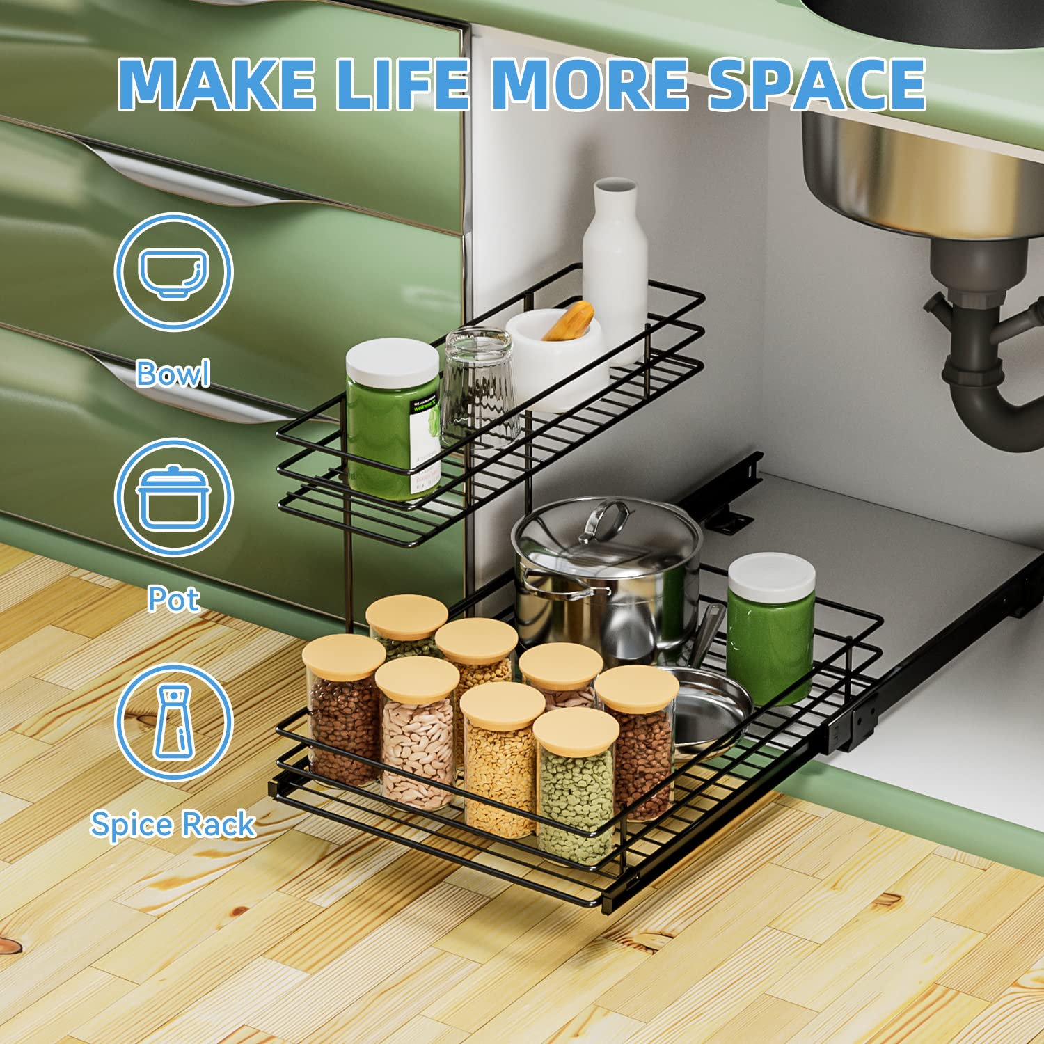 G-TING Pull Out Cabinet Organizer Black & Pull Out Cabinet Organizer Sliver, Under Sink Slide Out Storage Shelf with 2 Tier Sliding Wire Drawer - 12.6W x 16.53D x 12.99H